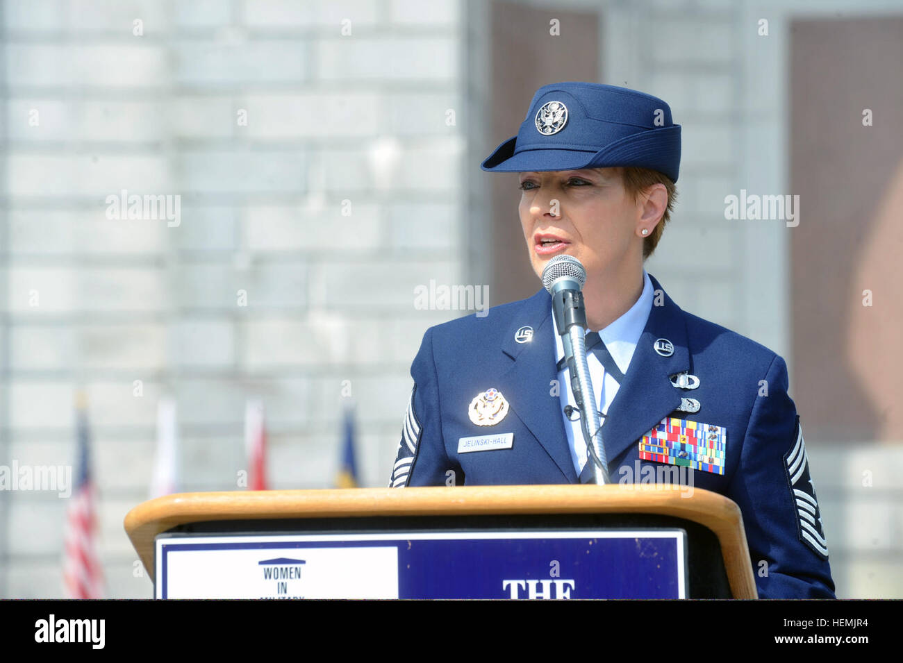 U.S. Air Force Chief Master Sgt. Denise Jelinski-Hall makes remarks on ...