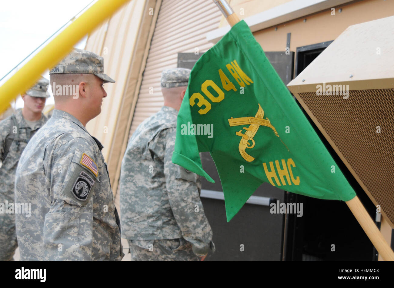 The 304th Military Police Battalion Headquarters guidon stands outside ...