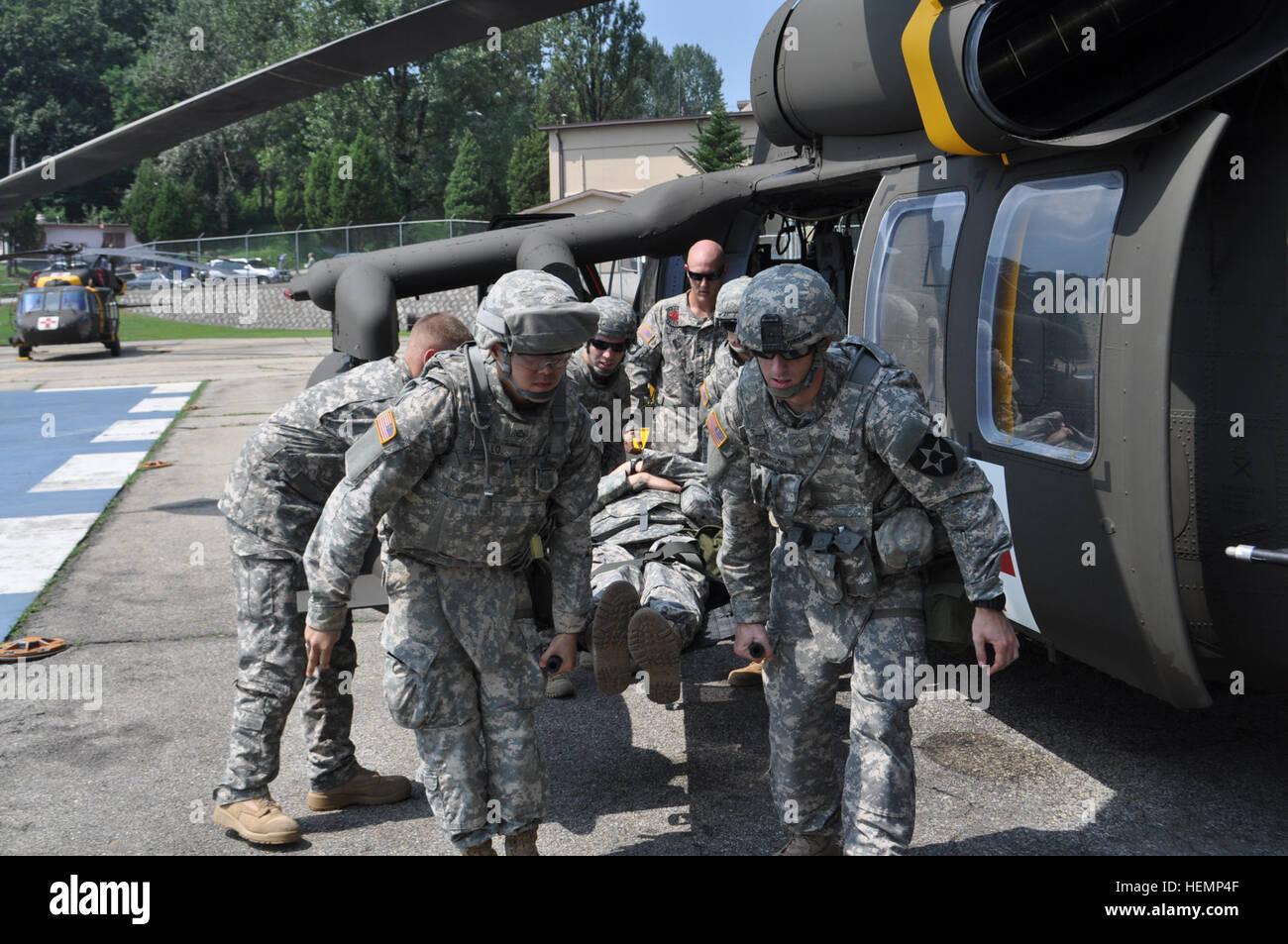 U.S. Soldiers with the 210th Fires Brigade, 2nd Infantry Division transport a simulated casualty ...