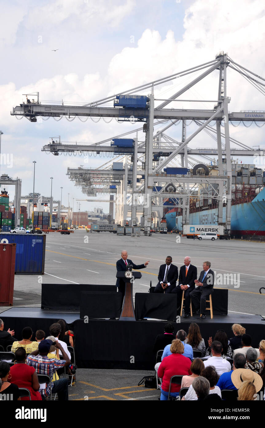 Vice President Joe Biden, center, gives a speech at the Georgia Ports ...