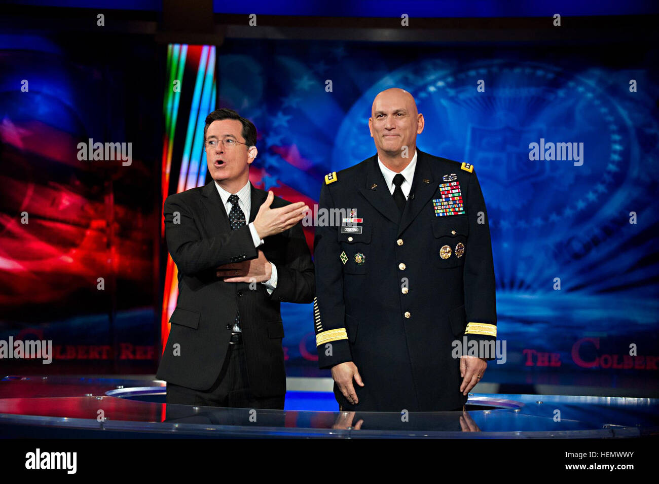 Stephen Colbert asks the crowd for an standing ovation in honor of Army ...