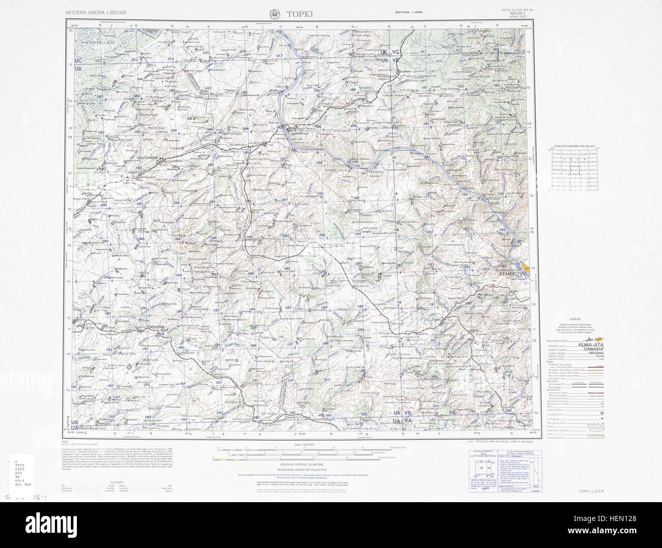 Map NN 45-1 of Topki, USSR, shows terrain features, transportation ...