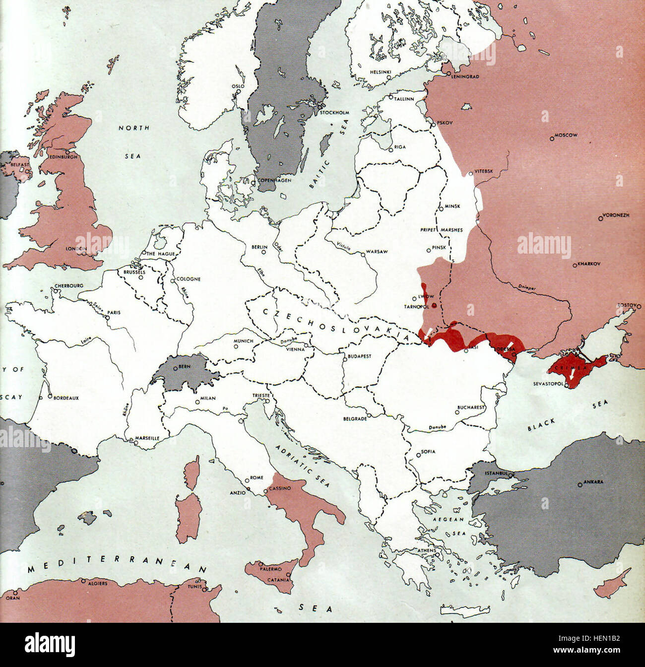 A historical map depicting German battlefront positions during World ...