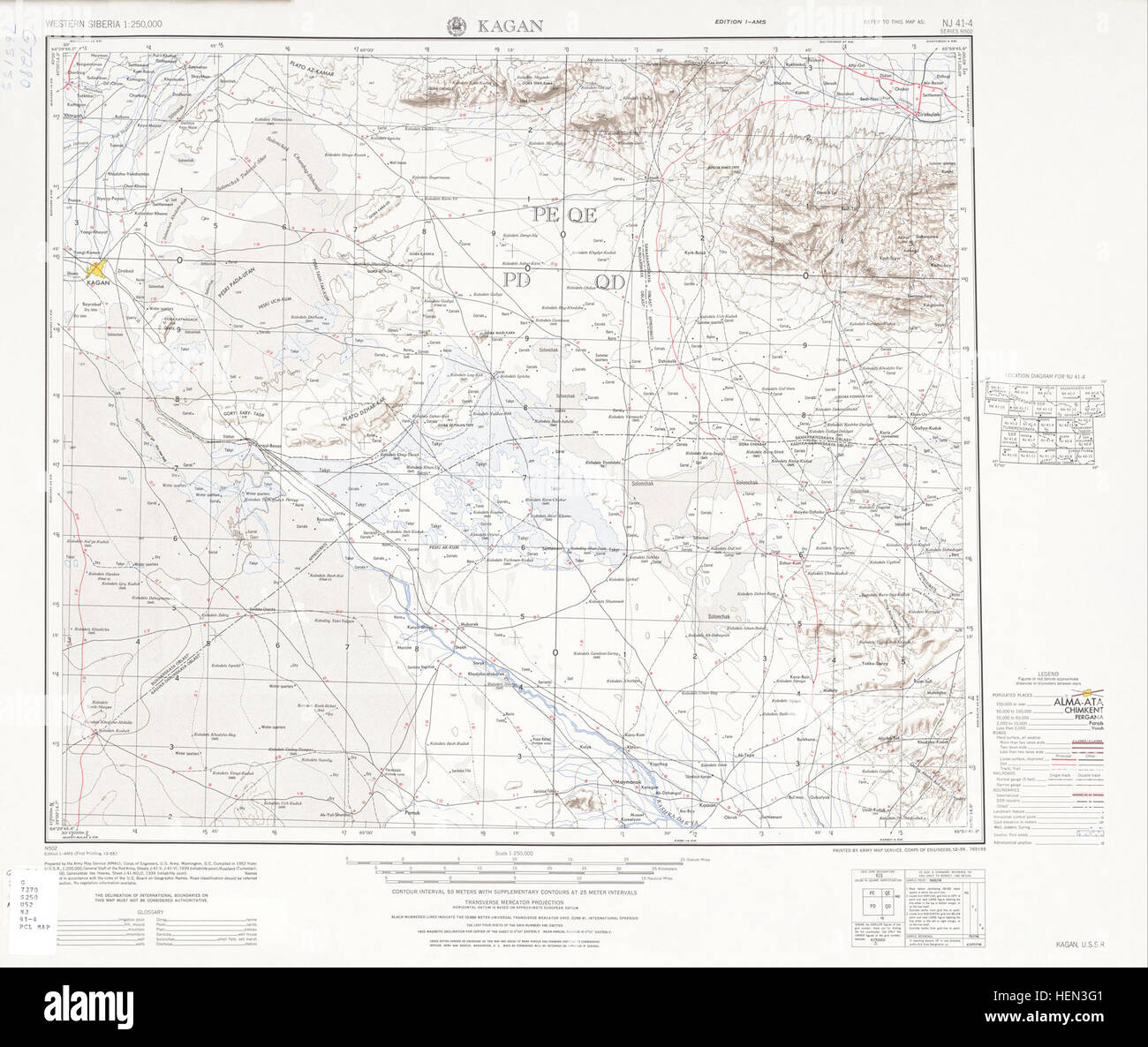 Topographic map of Kagan region, USSR, showing terrain, elevations ...