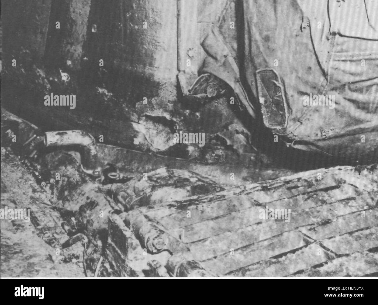M46 tank turret damaged by a 57mm artillery shell, illustrating armor ...