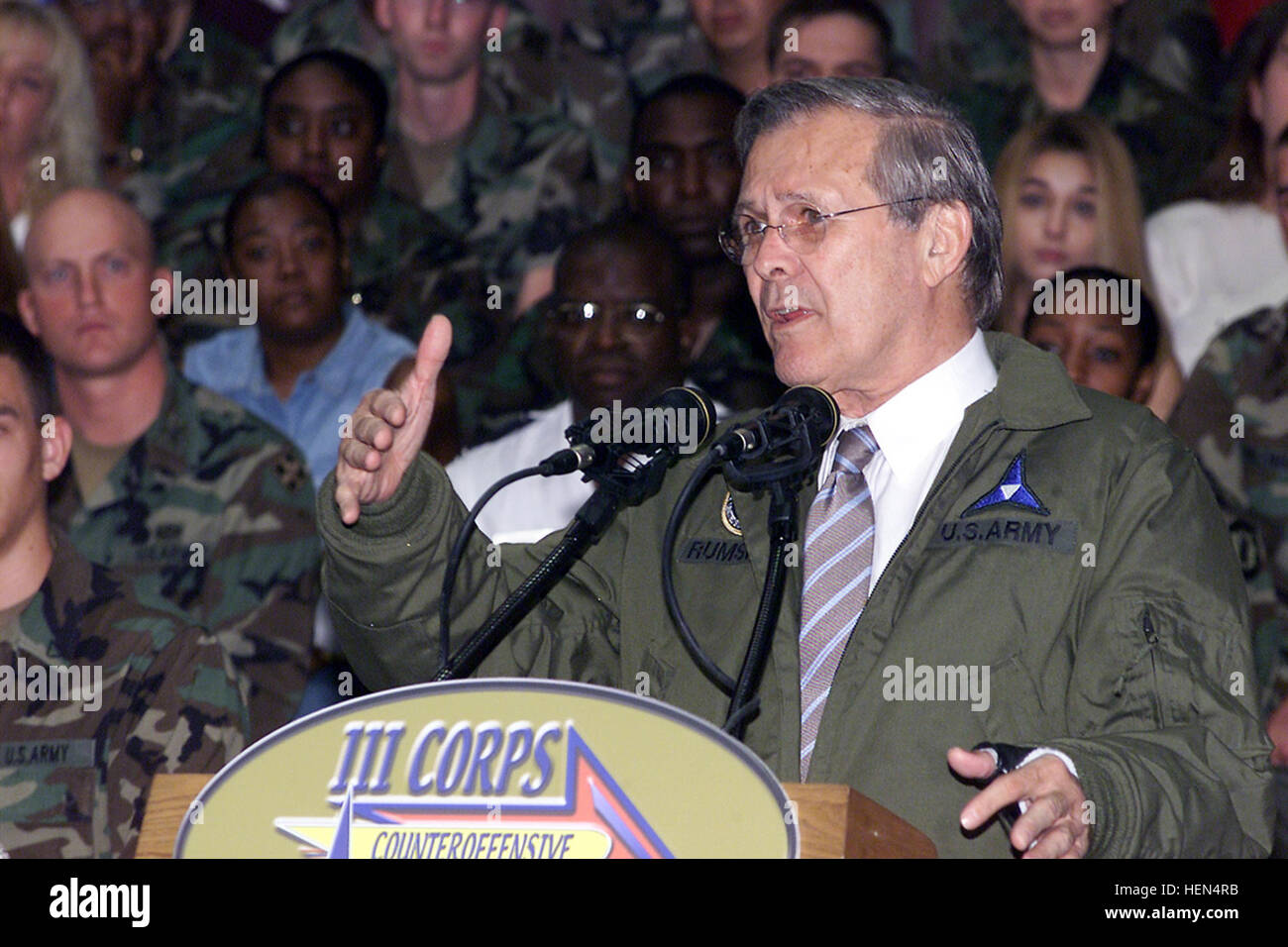 Secretary of Defense Donald Rumsfeld, addresses soldiers and family ...