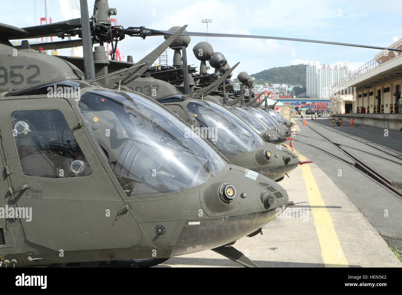 The OH-58D Kiowa Warrior helicopters are staged at Pier 8, Busan, Oct ...