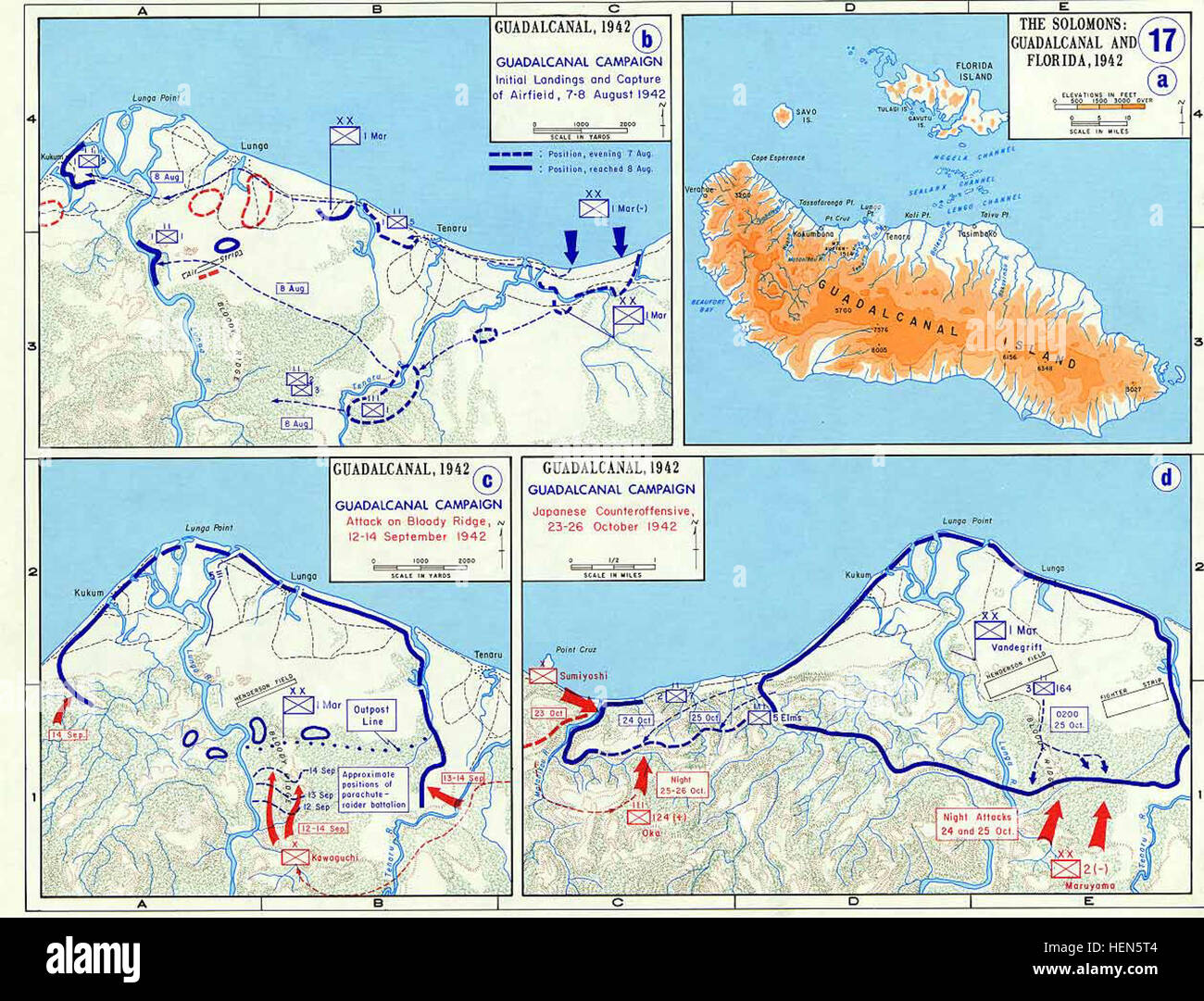 A detailed map illustrating the Guadalcanal Campaign of 1942 during the ...