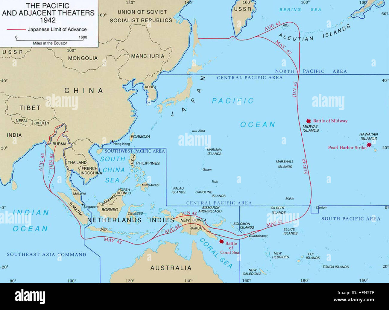 Map showing the Pacific Theater areas of operations, detailing ...