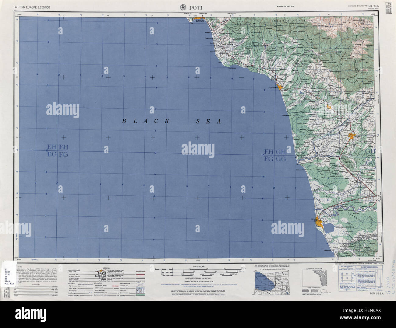 Topographic map of Poti, USSR, sheet NK 37-6, showing terrain, roads ...