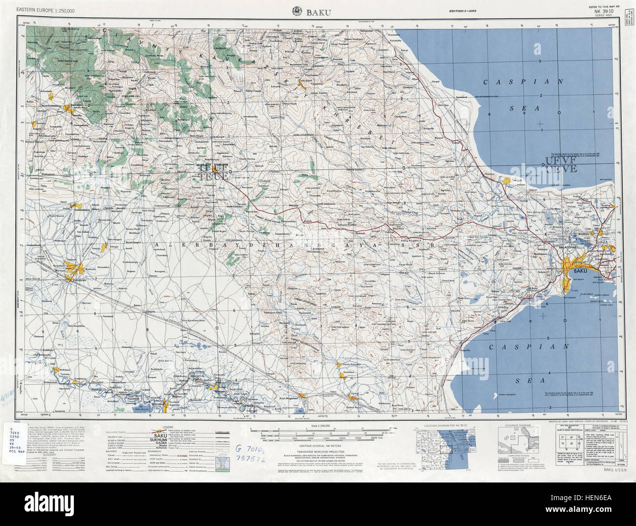 A detailed Soviet military map of Baku and surrounding areas, showing ...