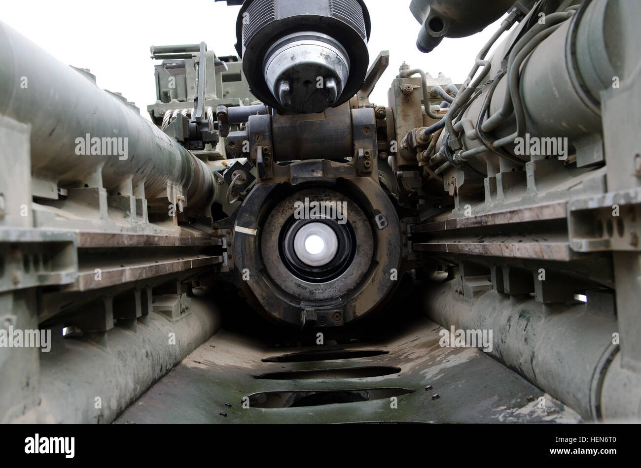 The M777 howitzer cannon loading area looking up into the muzzle. The ...