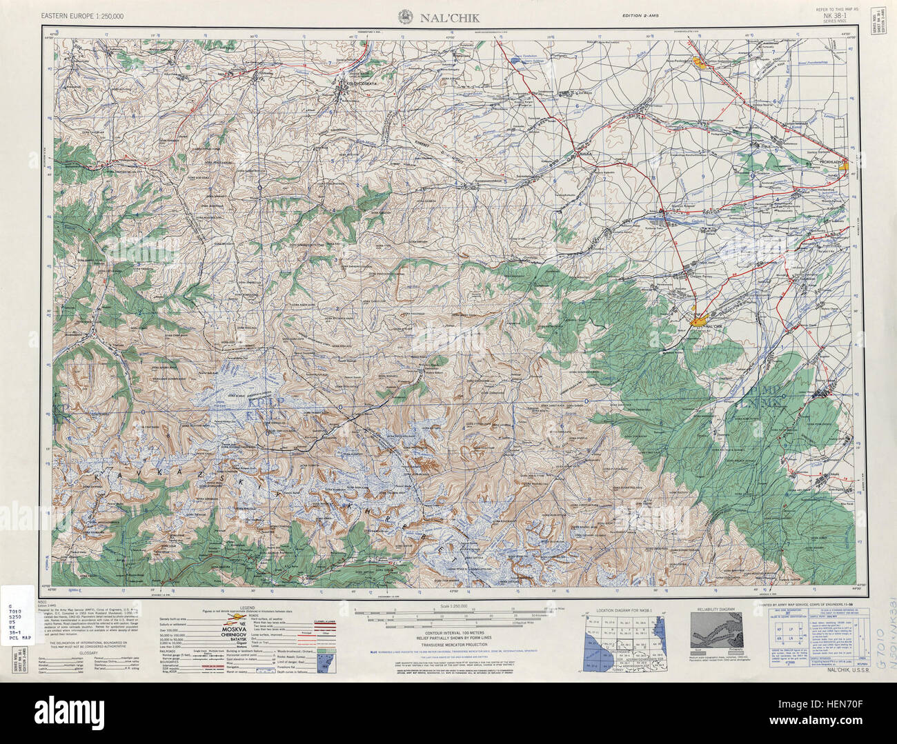 USSR map NK 38-1 depicts the region surrounding Nal'chik, showing ...