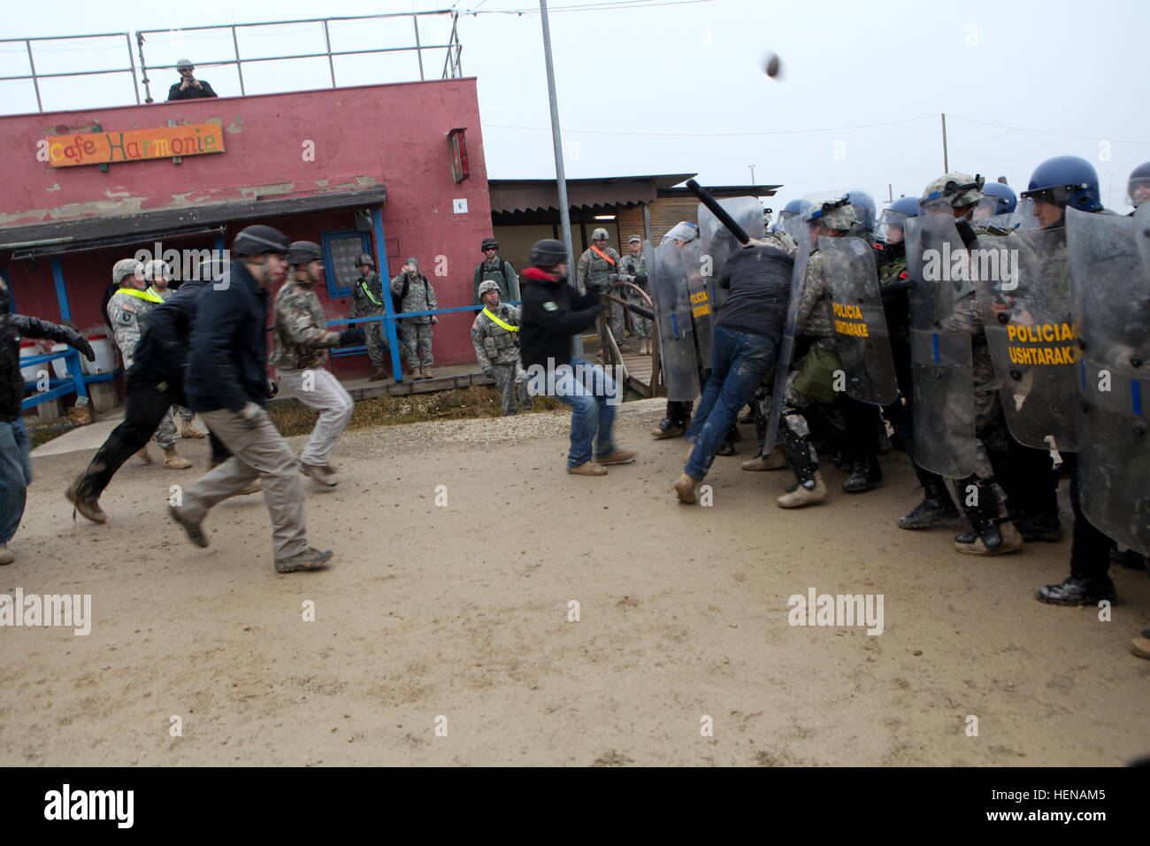 U.S. Soldiers assigned to the 2nd Squadron, 38th Cavalry Regiment react ...