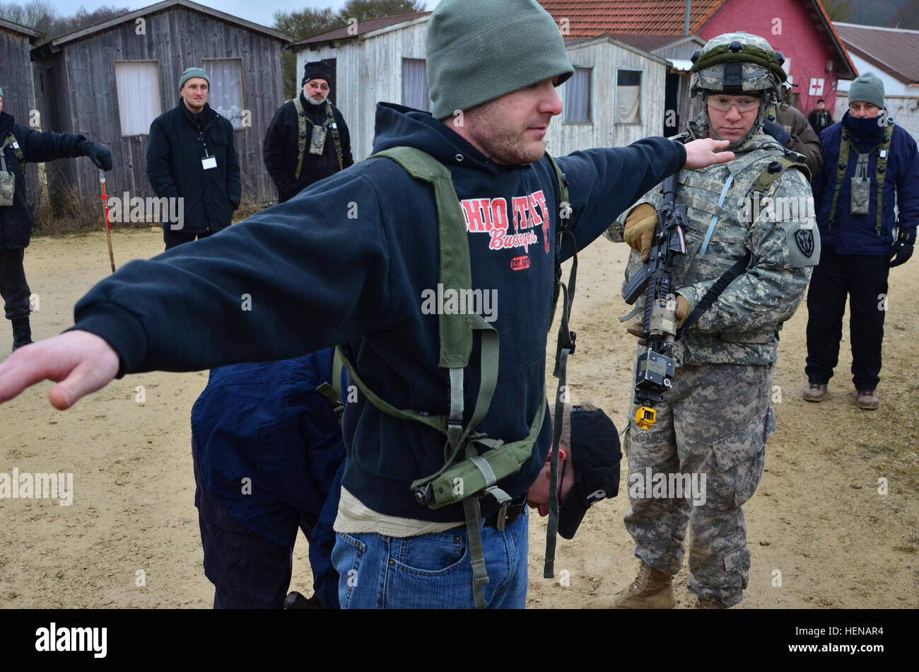 A U.S. Army Soldier of the 38th Cavalry Regiment provides security as a ...