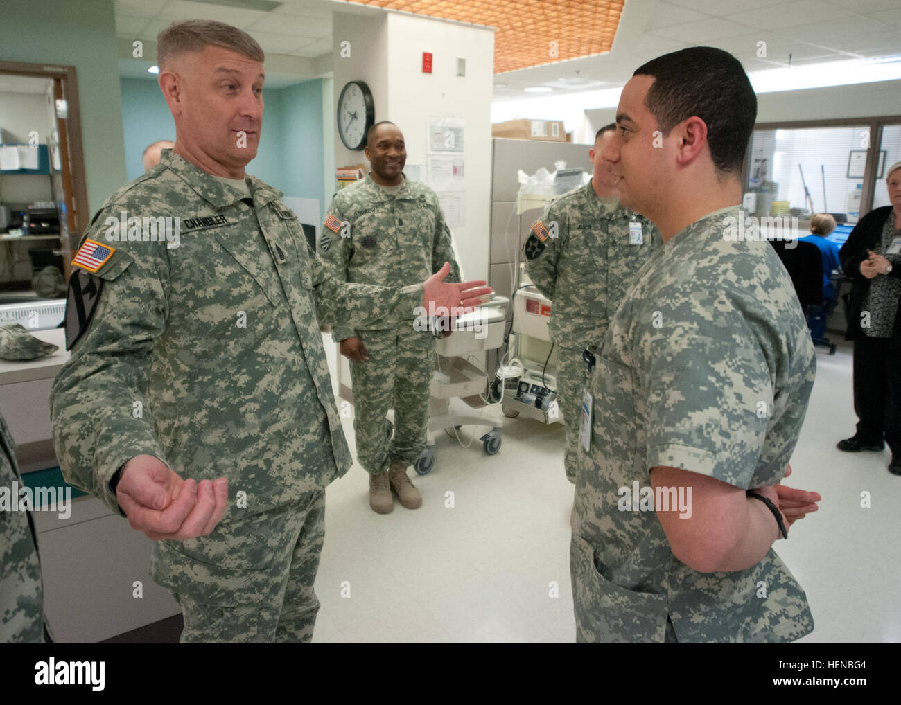 Sgt. Maj. of the Army Raymond F. Chandler III, left, asks Spc. Sammy ...