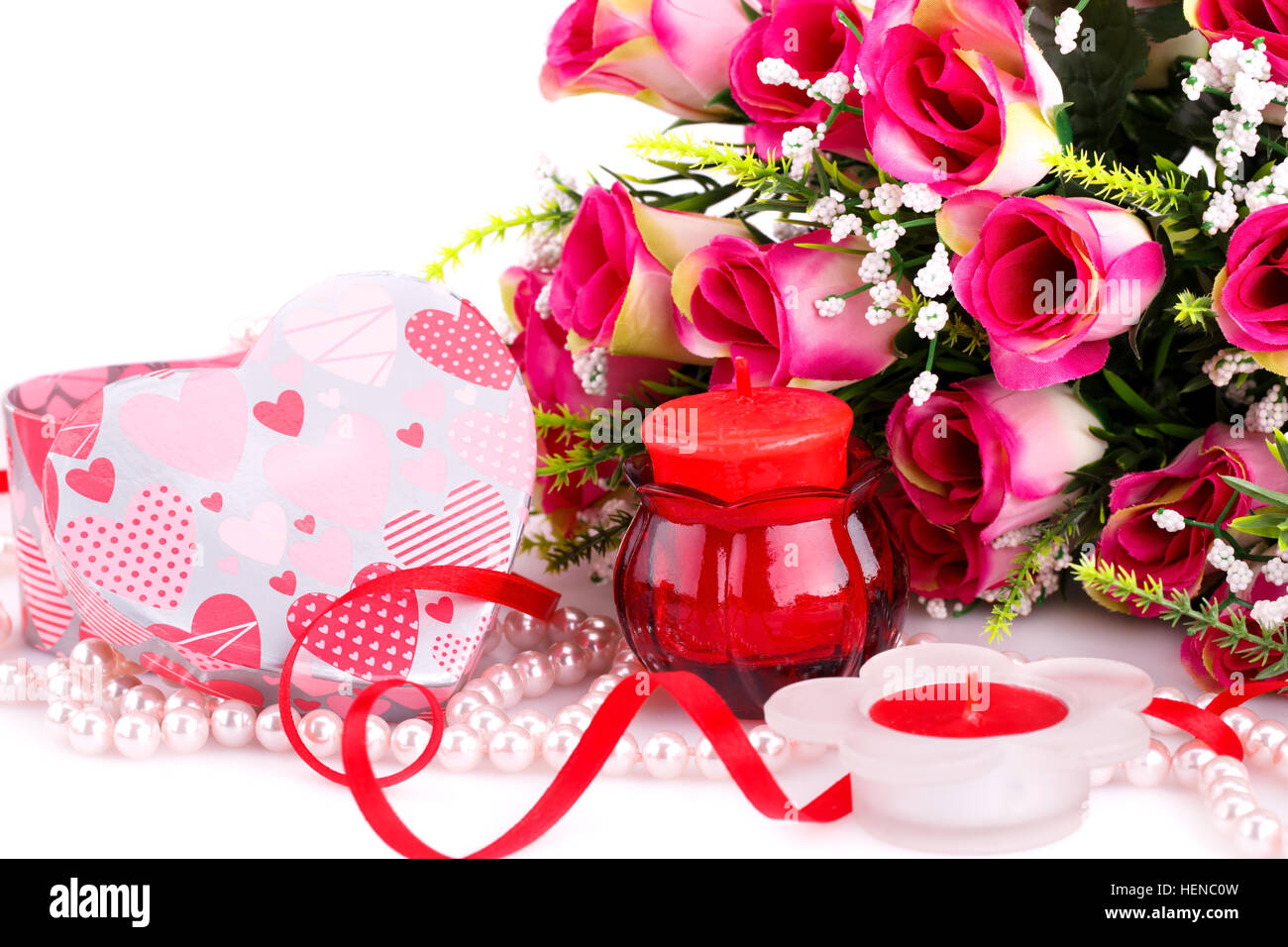 Colorful flowers, candles and gift box close up picture Stock Photo - Alamy