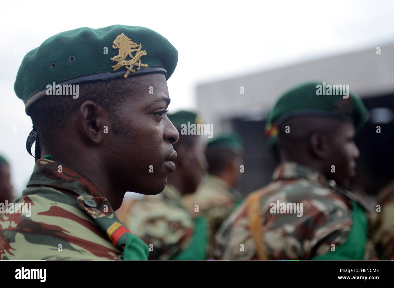 A Cameroonian soldier stands in formation during the opening ceremony ...