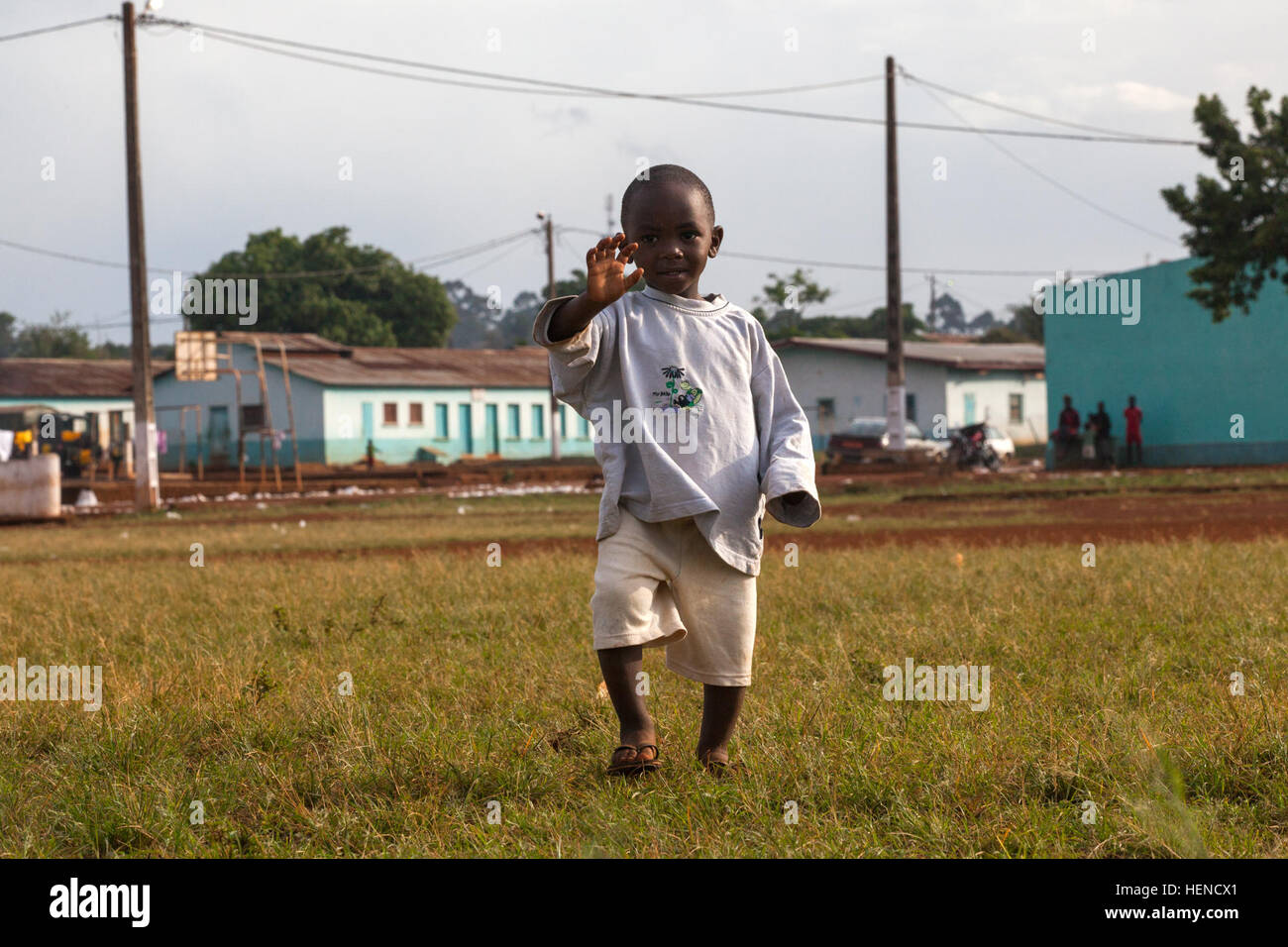 A young Cameroonian boy waves to U.S. Army Soldiers prior to an ...