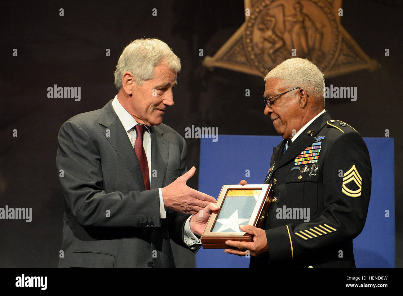 Staff Sgt. Melvin Morris is presented the Medal of Honor Flag by ...