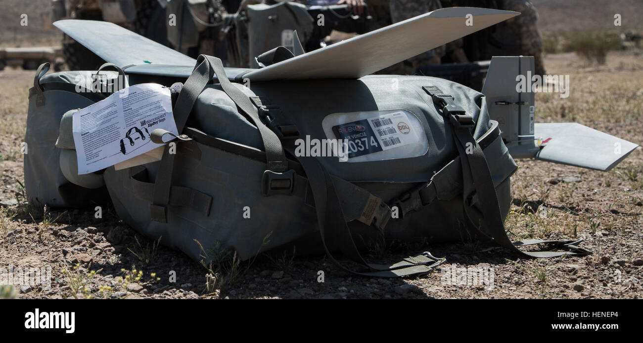 FORT IRWIN, Calif. - An AeroVironment RQ-11 Raven sits on backpacks ...
