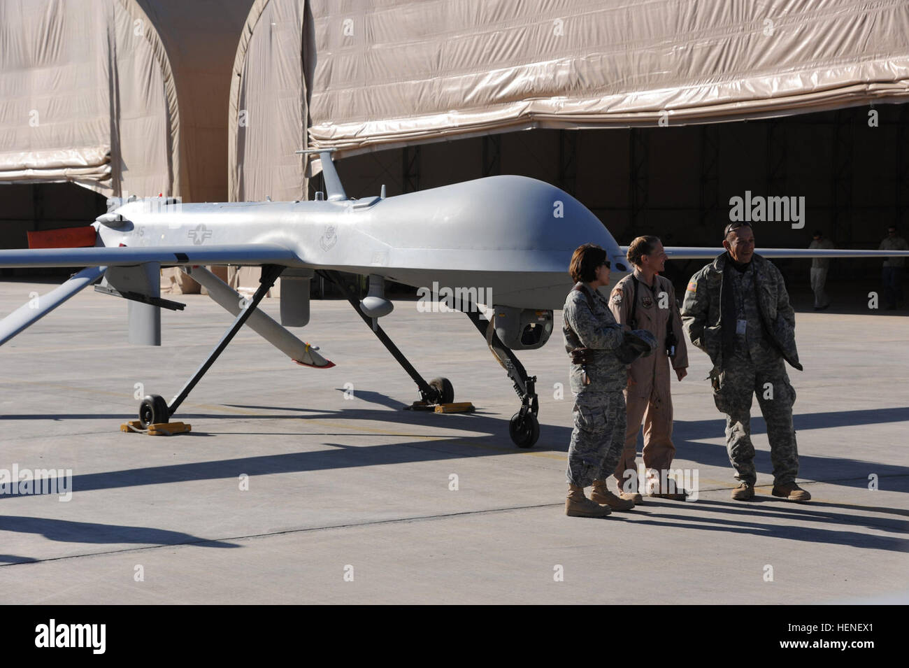 Lt. Col. Debra Lee, center, explains how the Predator aircraft works ...