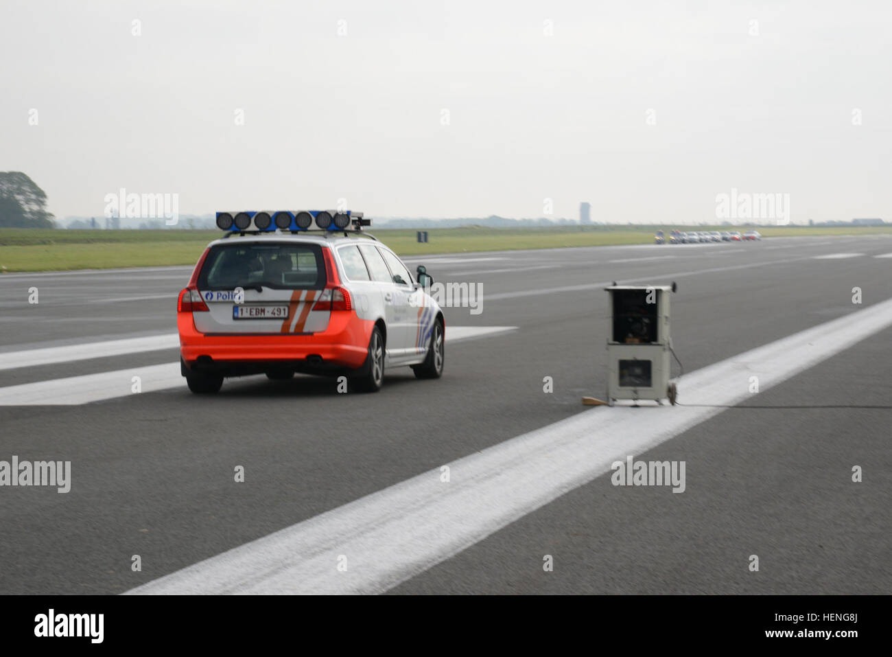 A vehicle of the Belgian Police passes in front of a fixed radar on the ...