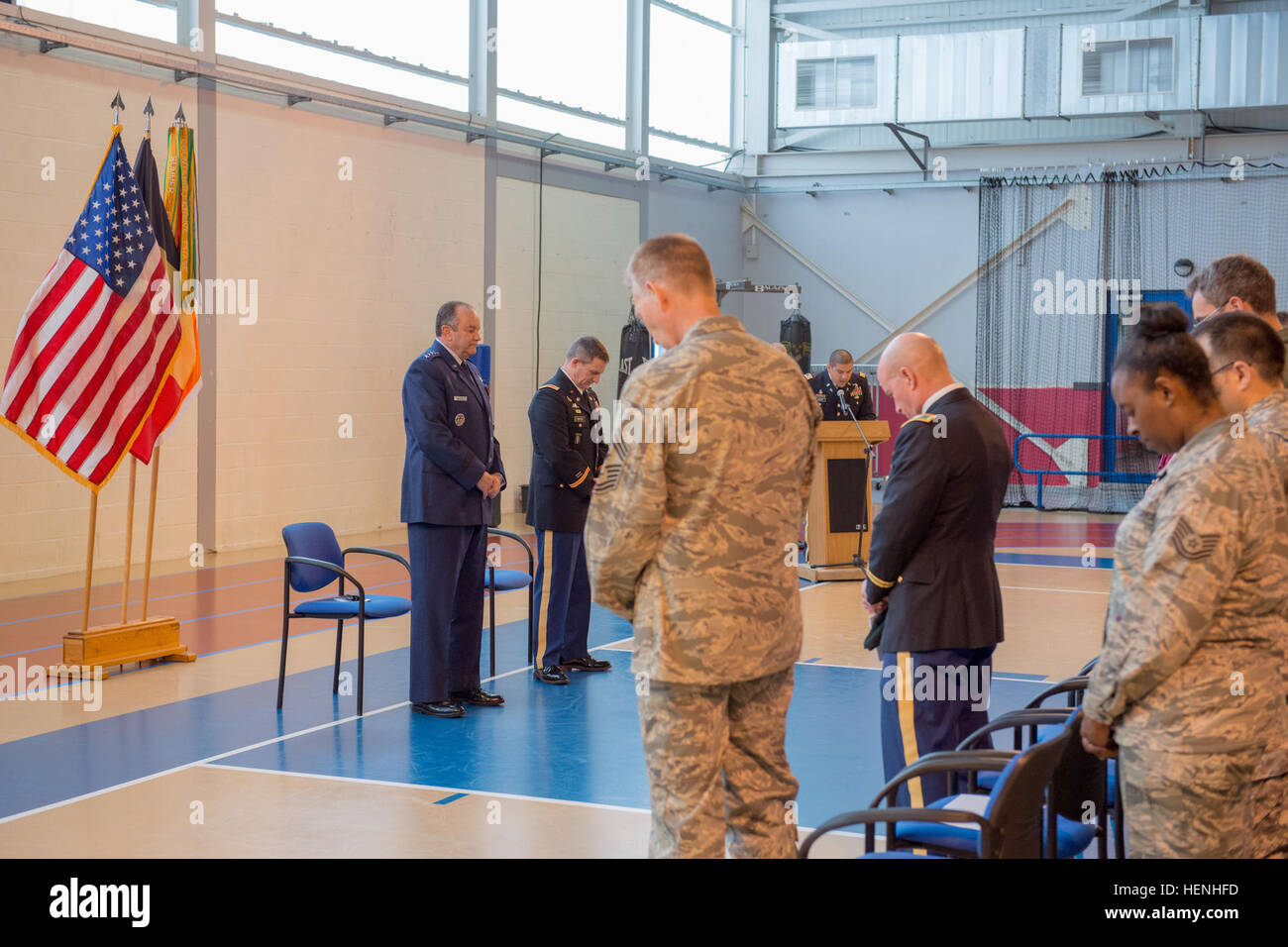 U.S. Army Cpt. (Chaplain) Saldana speaks for the invocation during the ...
