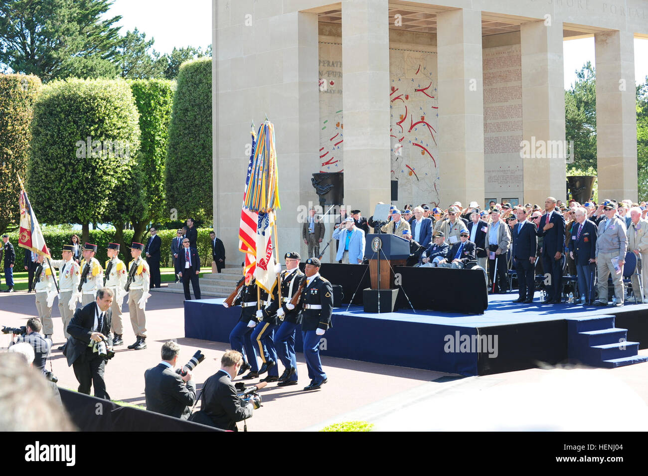 An U.S. Army color guard participates in a ceremony at the Normandy ...