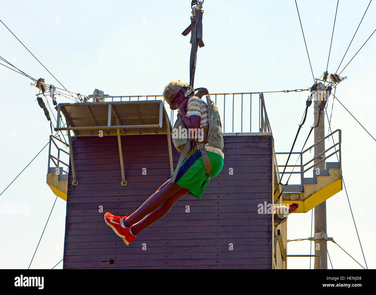 Eighth grade students participate in a 34-foot jump tower exercise with ...
