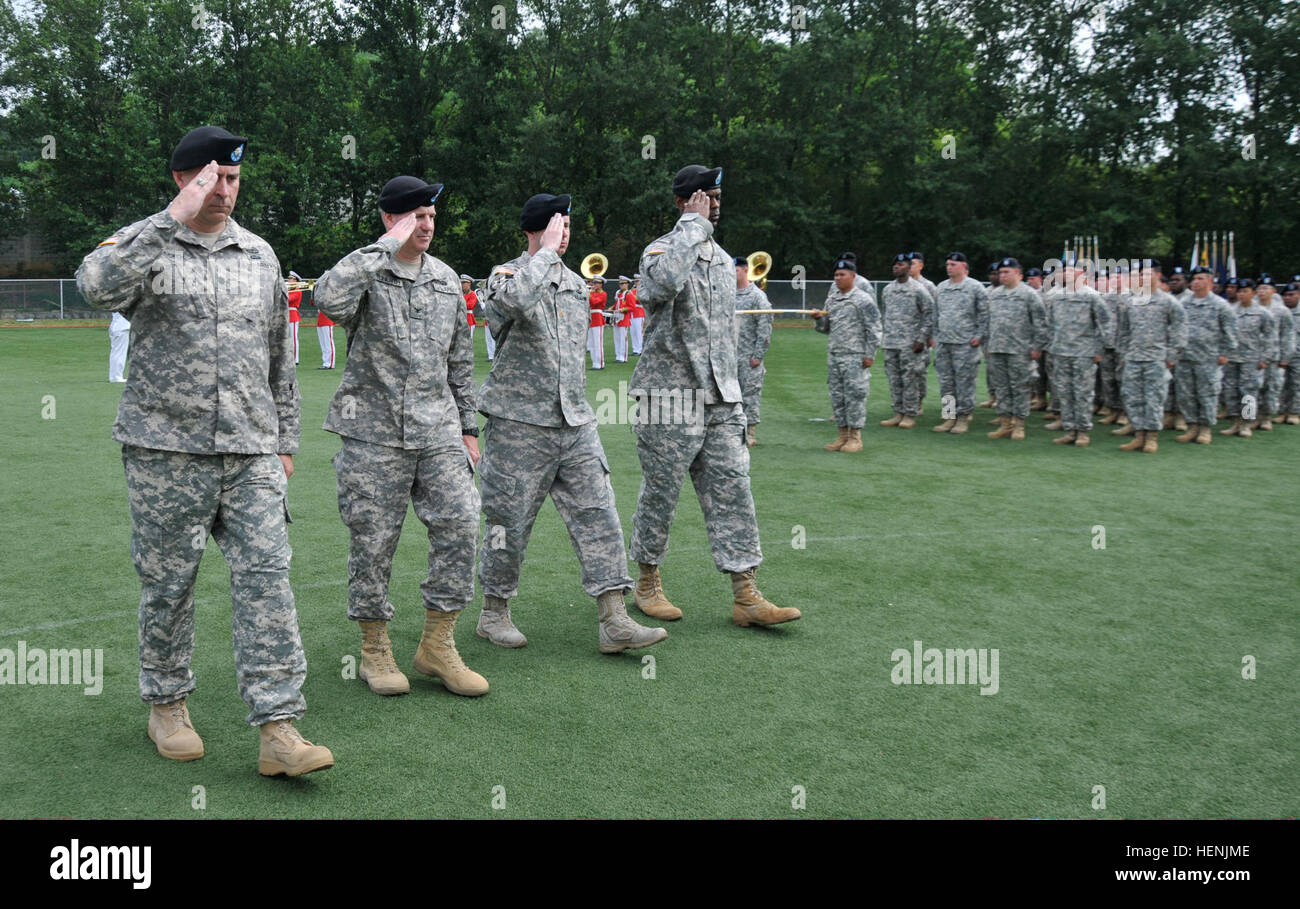 U.S. Army officers conduct an inspection of troops during a change of ...