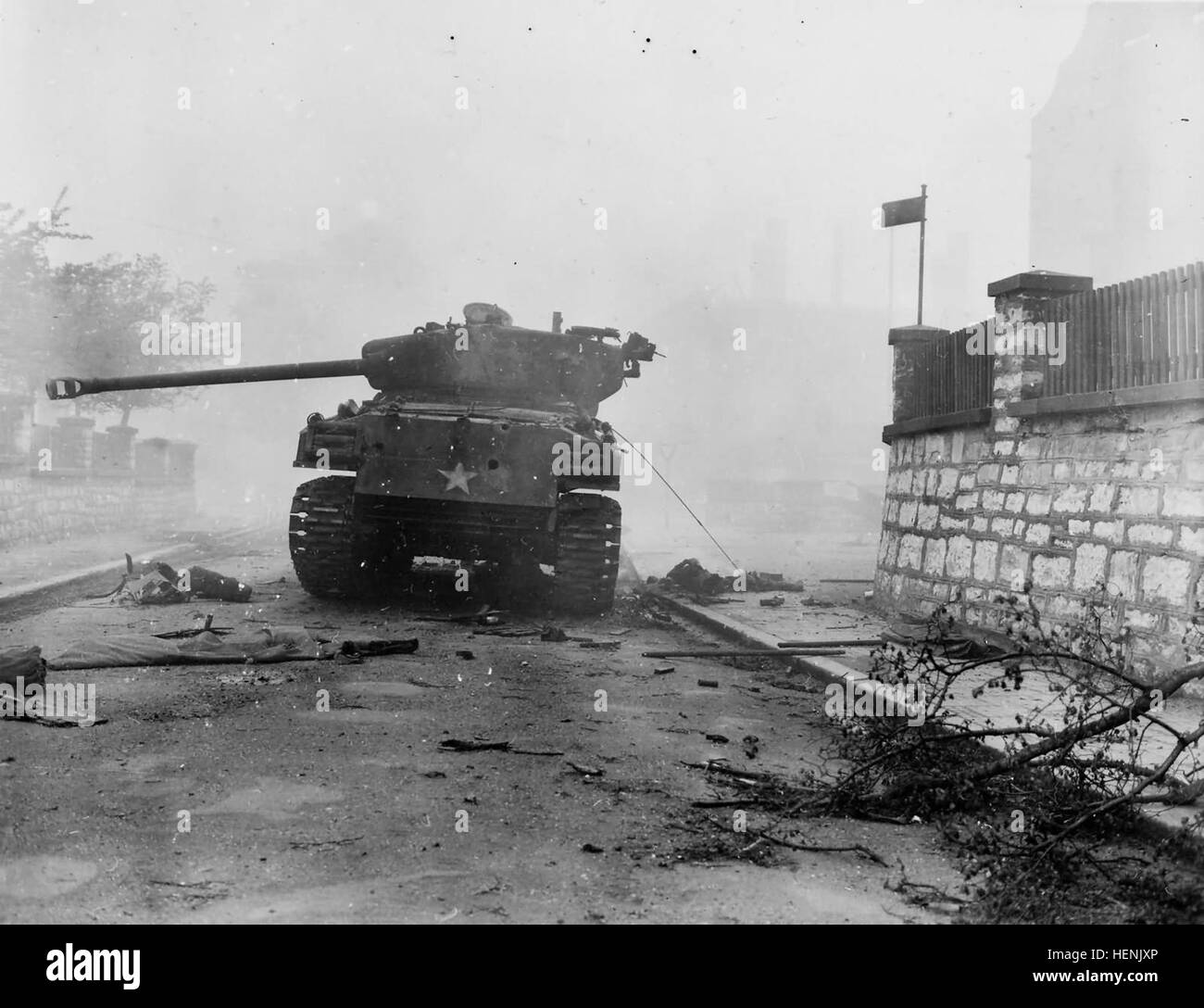 M4 sherman in burning neumarkt germany 1945 Stock Photo - Alamy