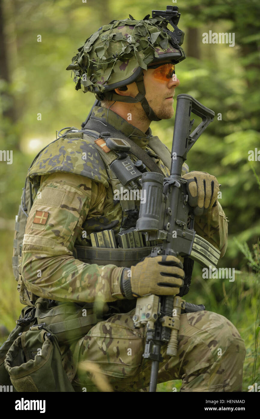 A soldier of the Royal Danish Army takes a knee during a live-fire ...