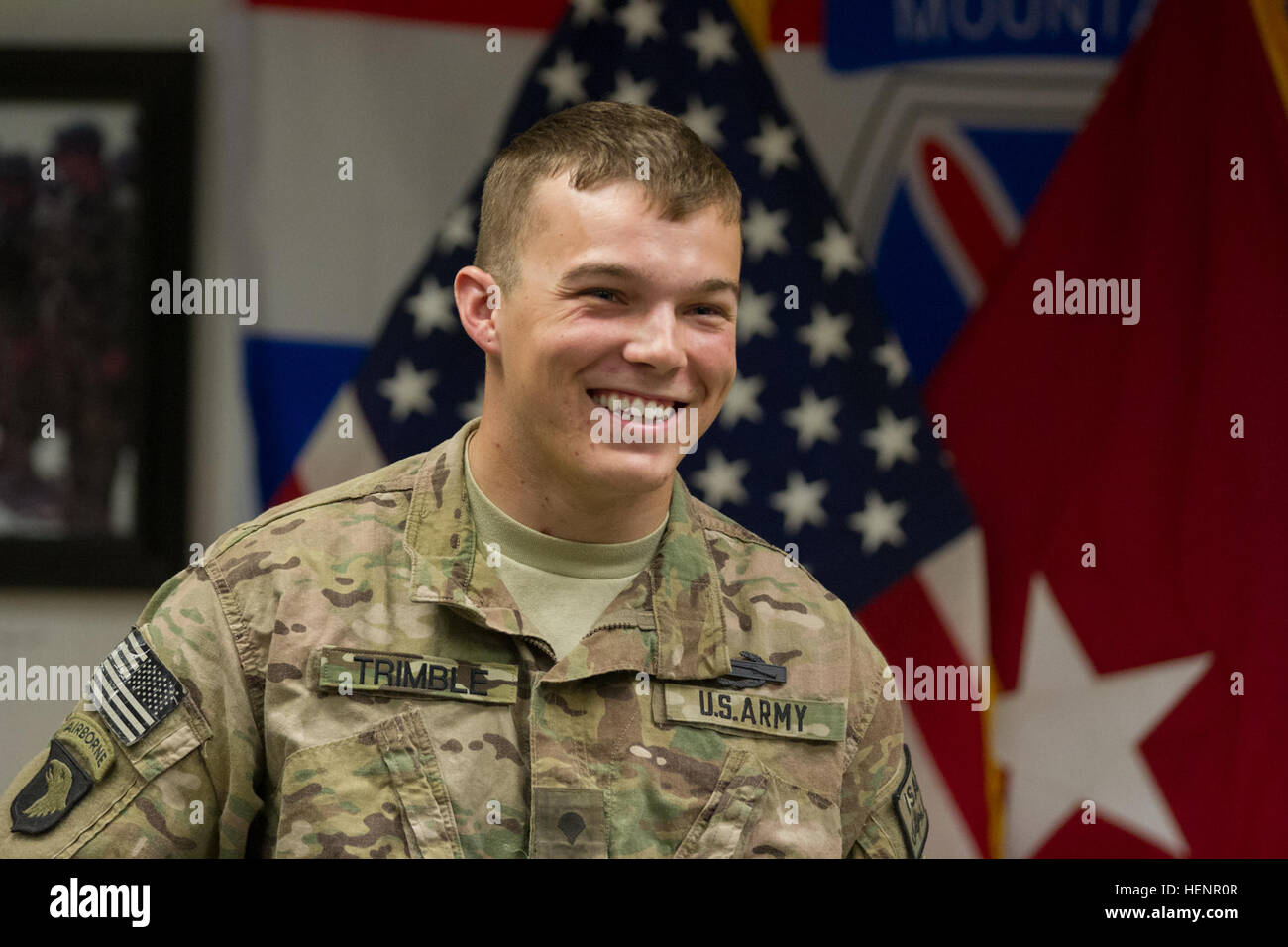 Spc. Dalton Trimble jokes with his platoon members via video ...