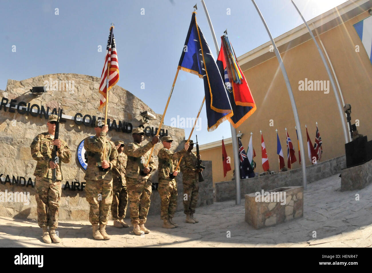 Color guard members present the regional command's colors during a ...
