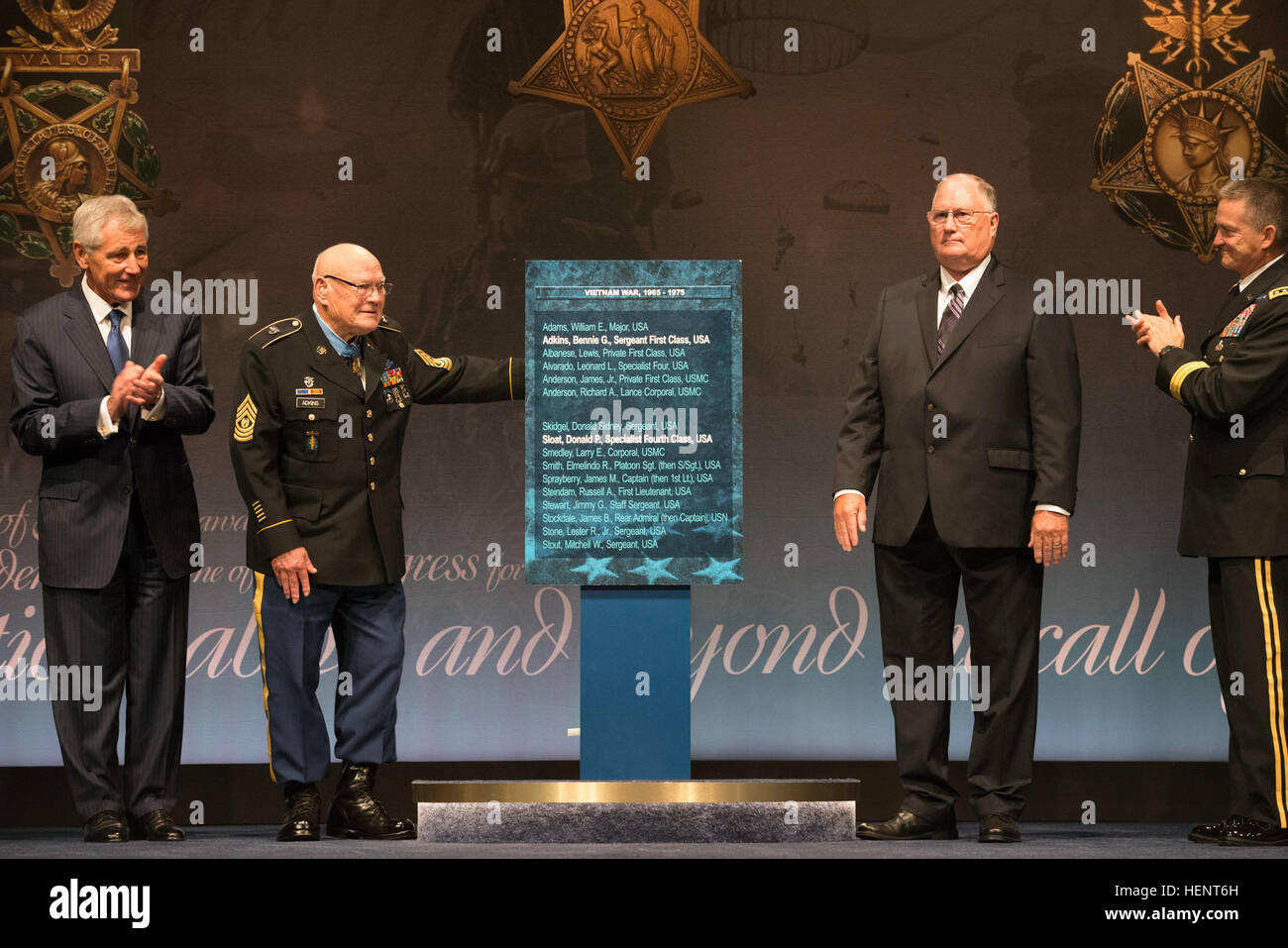 The U.S. Army inducts former Command Sgt. Maj. Bennie G. Adkins and Army Spc. 4 Donald P. Sloat ...