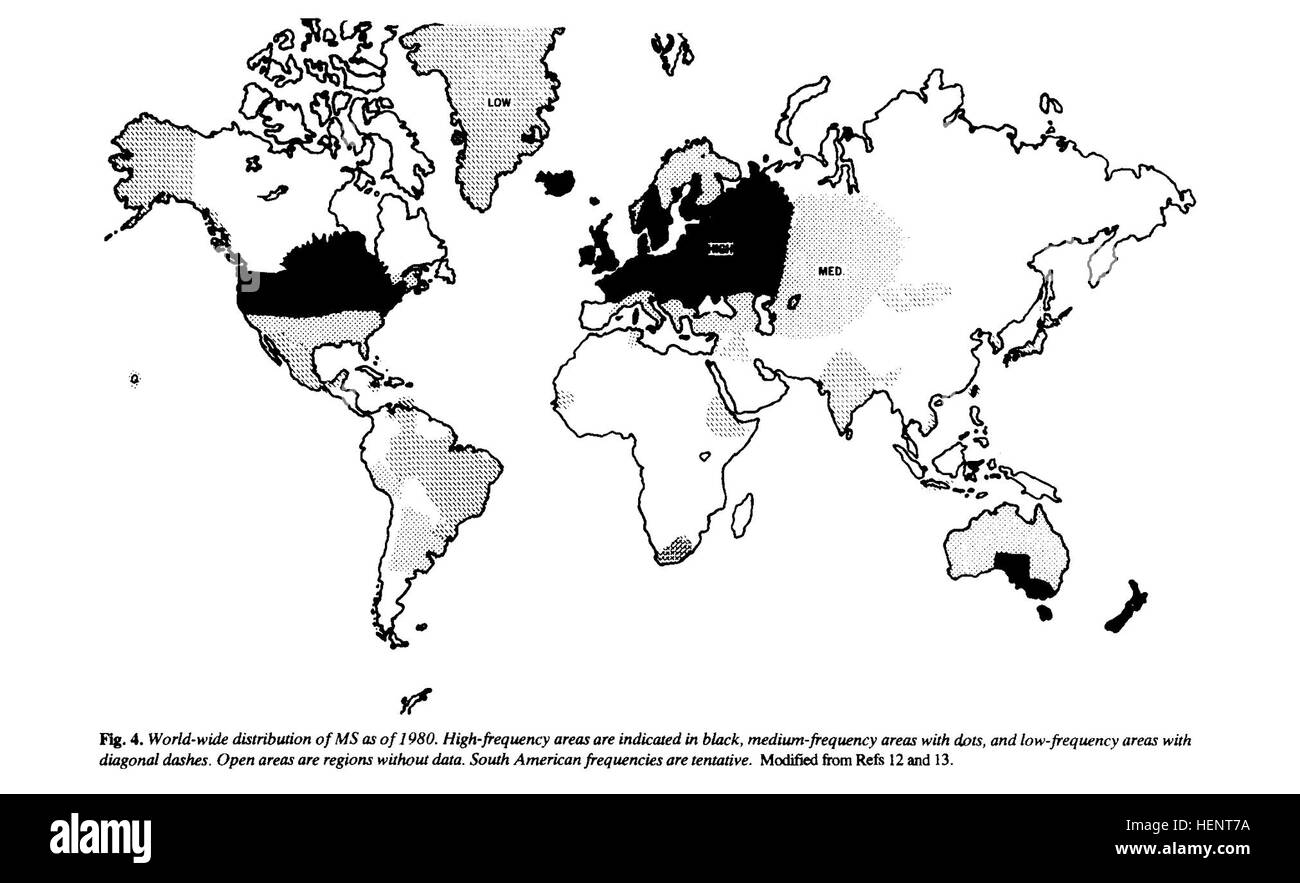 A 1983 map showing the global distribution of multiple sclerosis, used ...