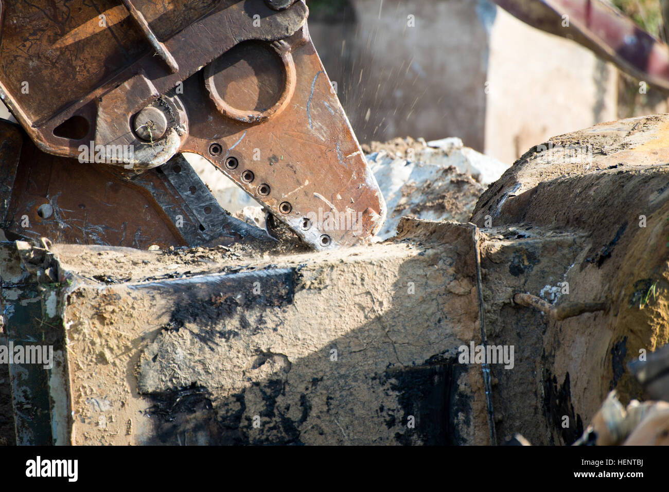 Close-up view of the 5000+ PSI demolition shear jaws of a tracked ...