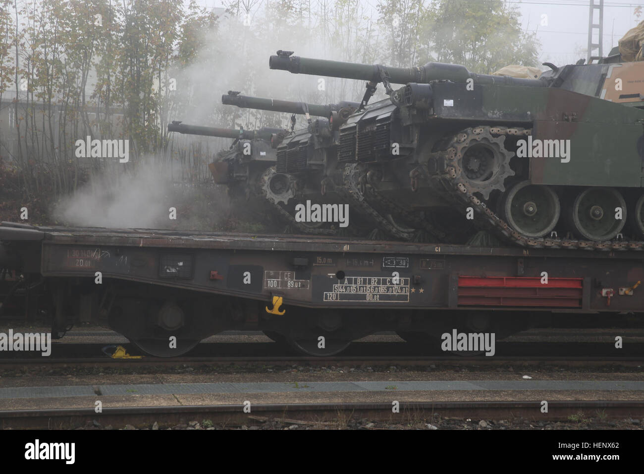 M1A2 Abrams tanks start engines in Parsberg, Germany, during Combined ...