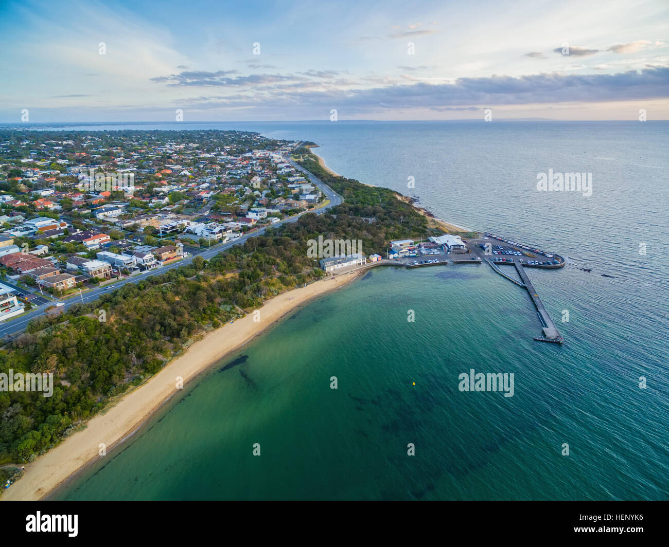 Aerial view of Black Rock suburban area, coastline, pier and wharf at ...