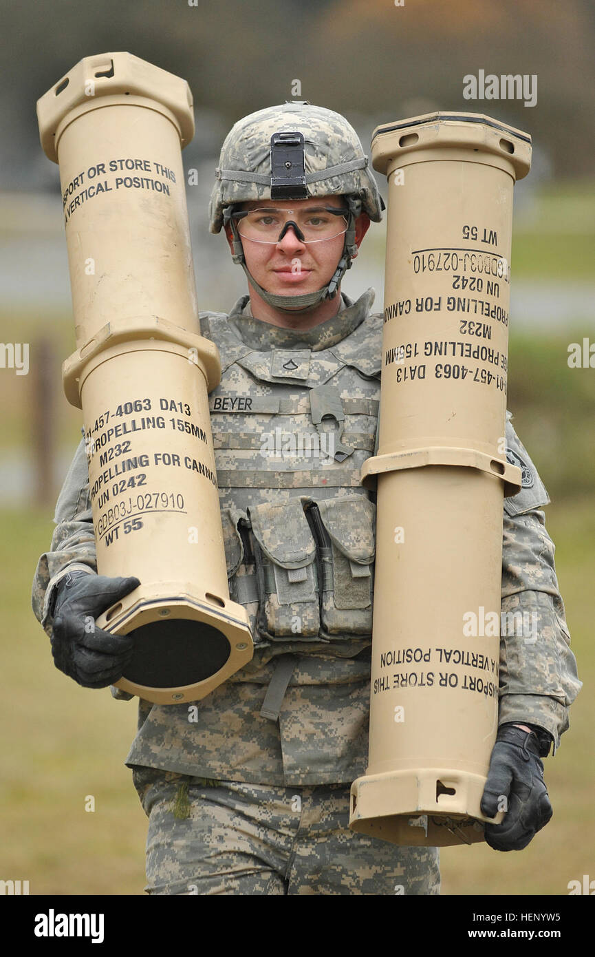 U.S. Army Pfc. Zachary Beyer, assigned to Alpha Battery, Field ...