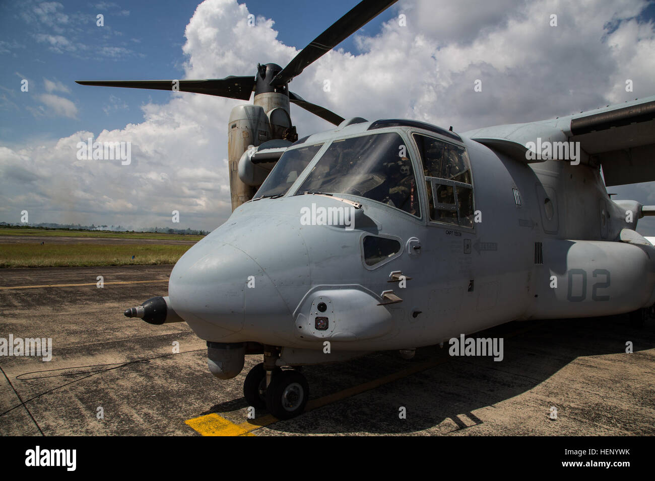 A U.S. Marine Corps MV-22B Osprey sits on the flight line at Roberts ...