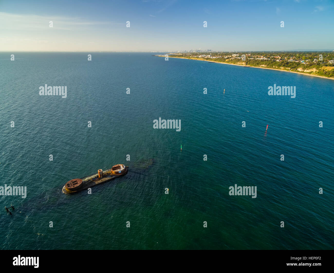 Aerial panorama of historic shipwreck of HMVS Cerberus near the shore ...