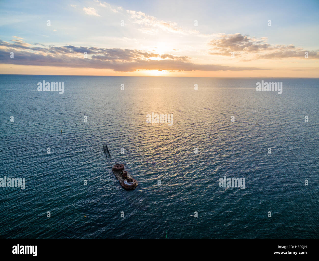 Aerial view of historic shipwreck of HMVS Cerberus at sunset. Melbourne ...