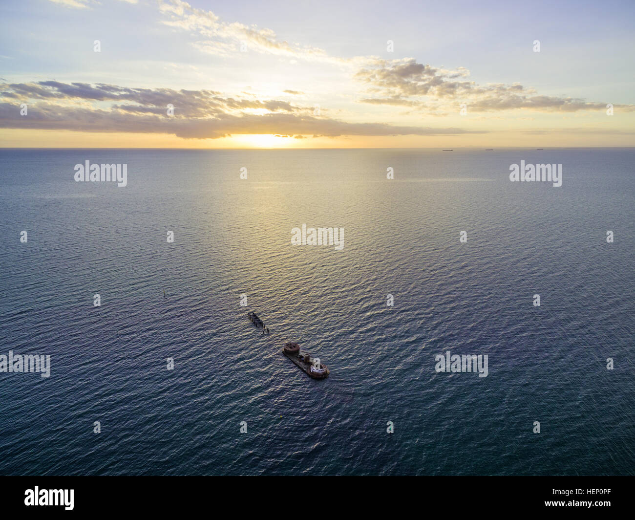 Aerial view of historic shipwreck of HMVS Cerberus at sunset. Melbourne ...
