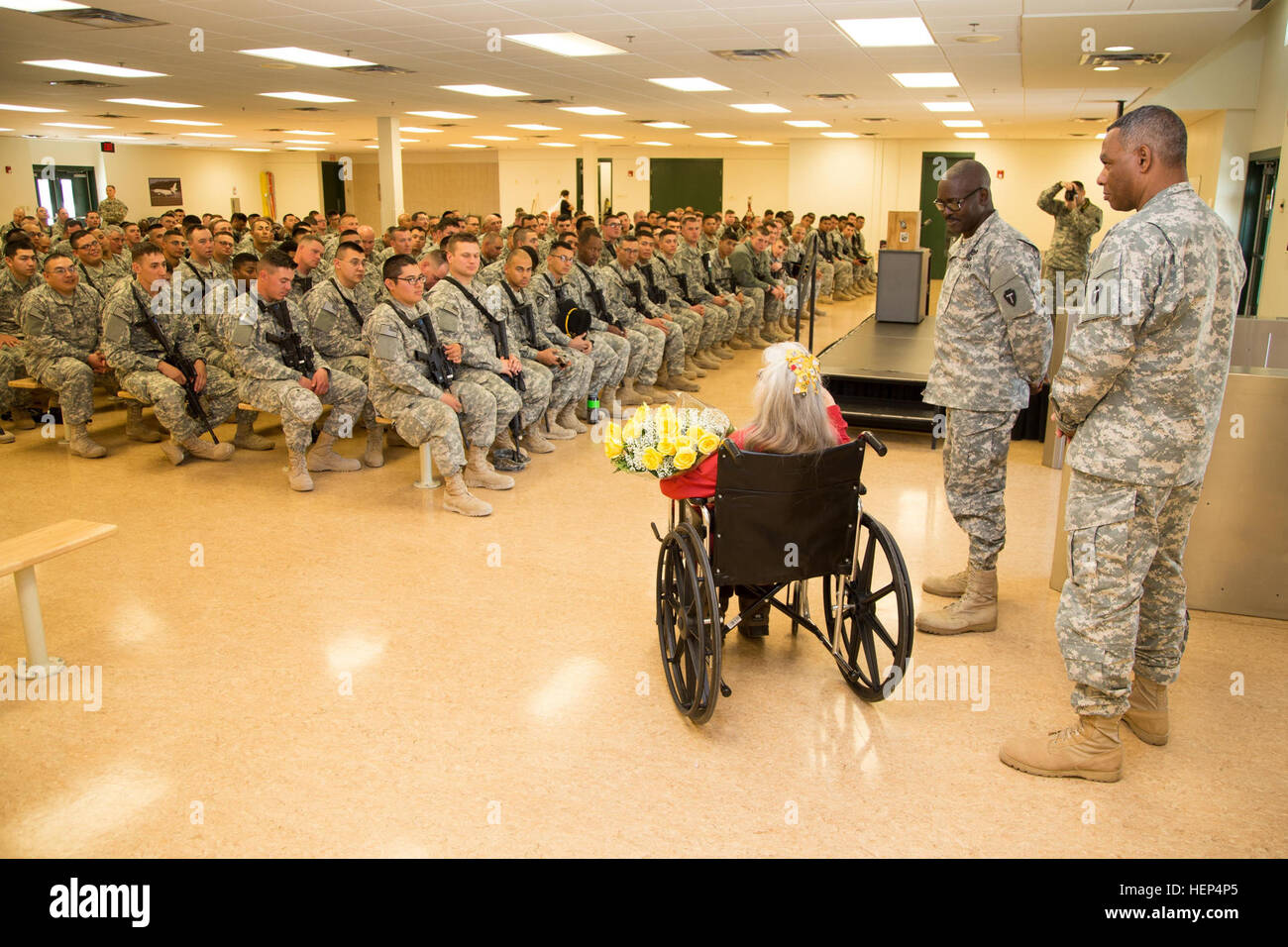 Elizabeth Laird, known as “The Hug Lady,” addresses the Soldiers of the ...