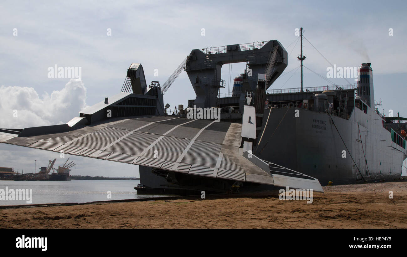 The Cape Race ramp lowers onto the port of the Liberian National Port ...