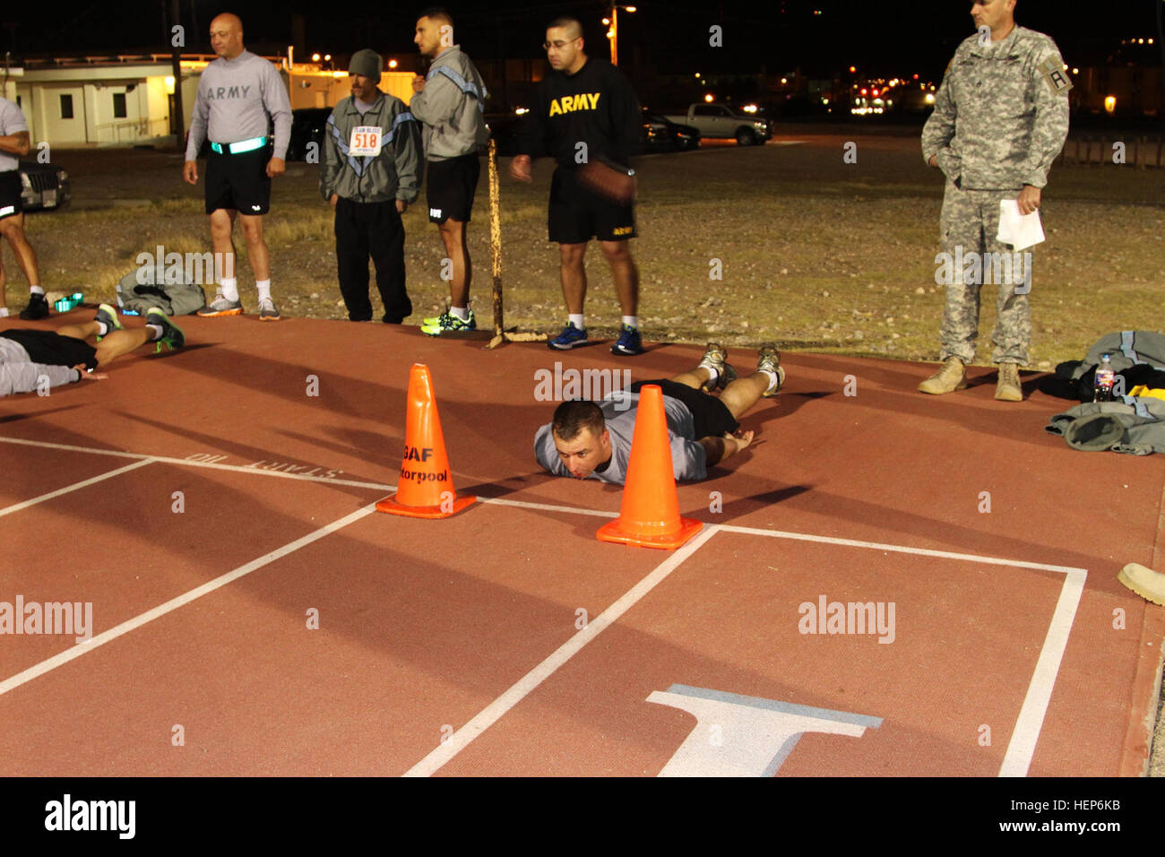 A soldier takes the starting position for the shuttle sprint event of ...