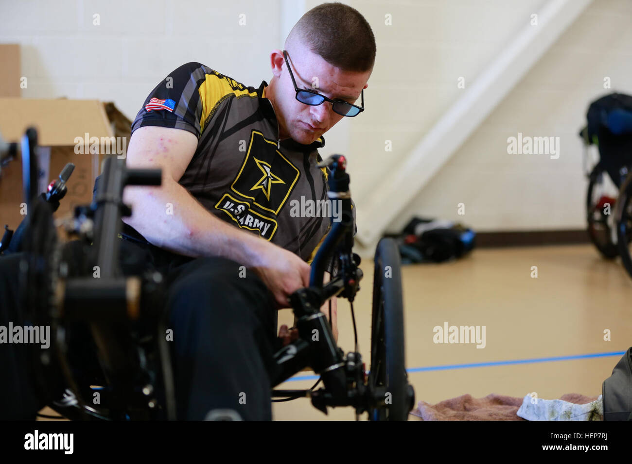 U.S. Army Veteran Spc. Jason Blair, Waco, Texas, adjusts his recumbent ...