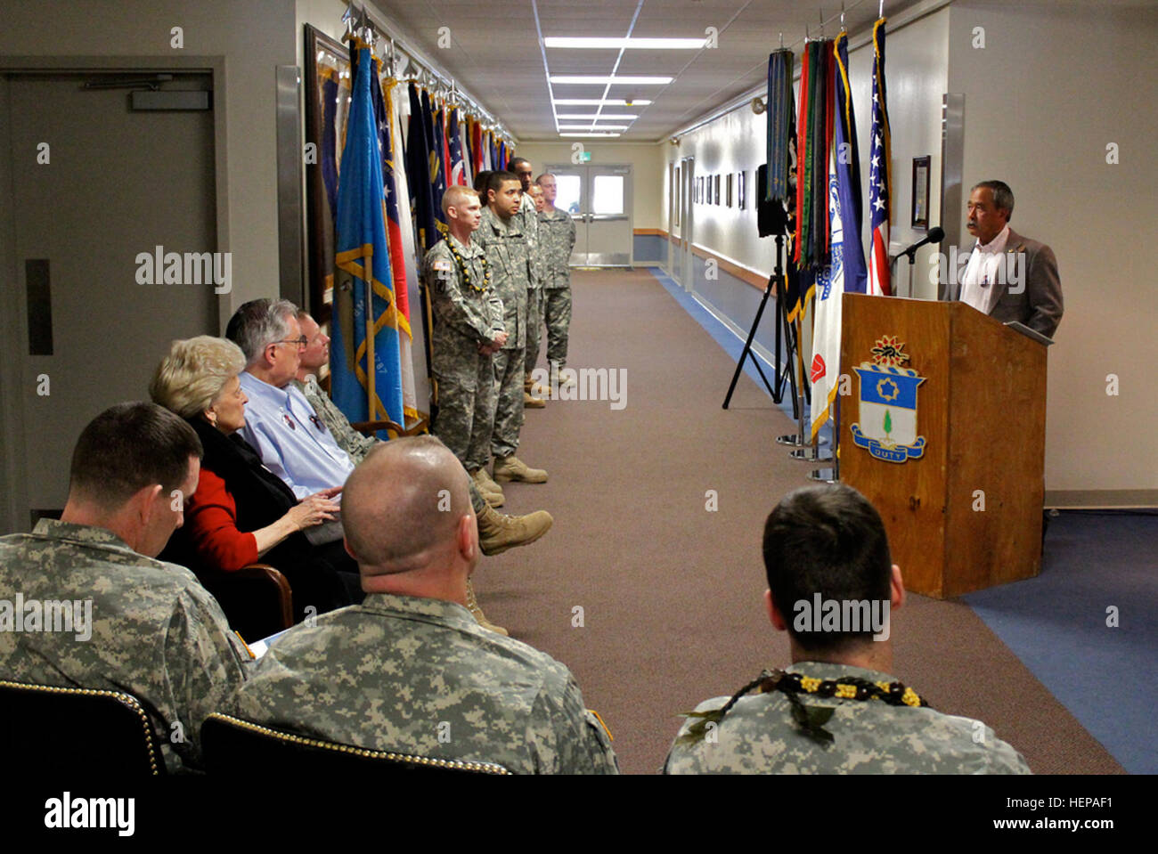 Allen Hoe, father of 1st Lt. Nainoa K. Hoe, speaks to those who ...